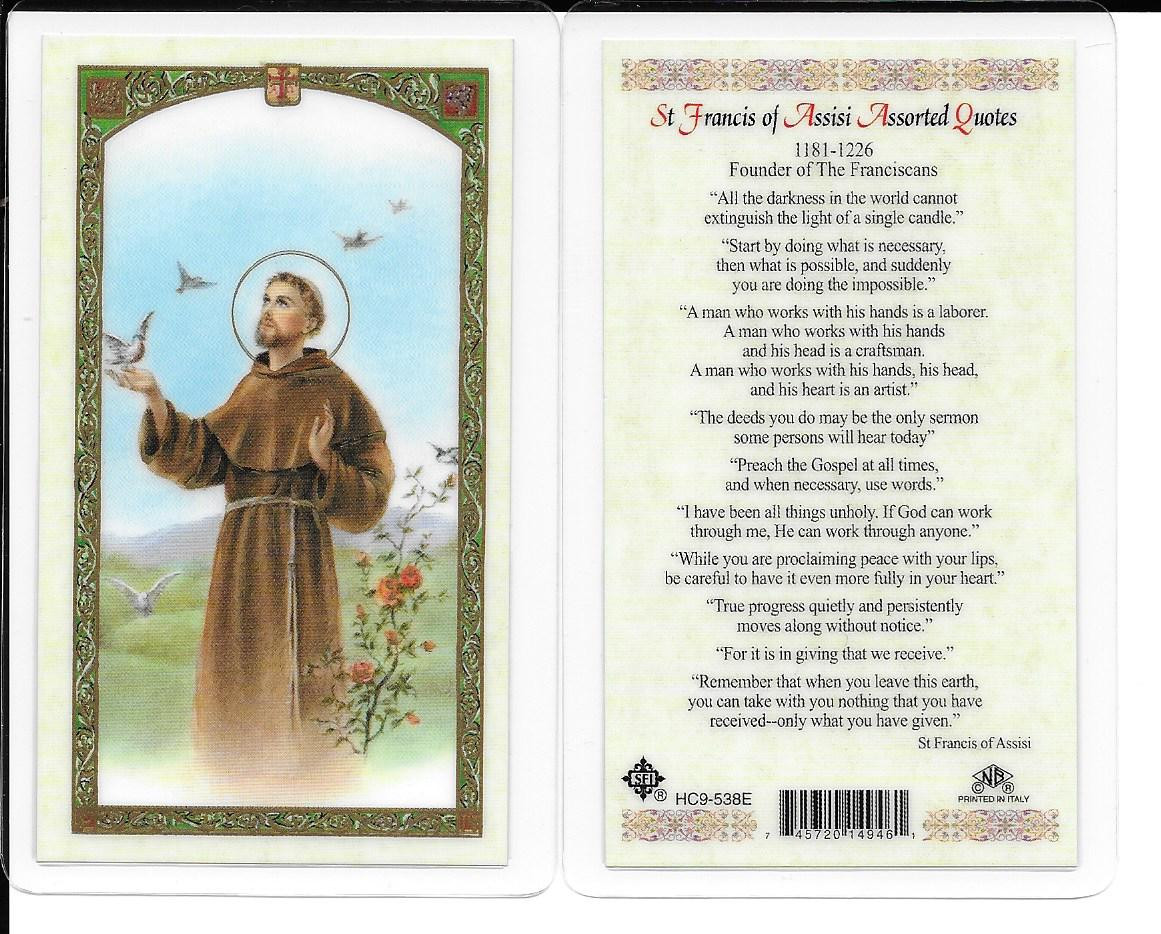 Laminated Prayer Card Saint Francis Of Assisi Assorted Quotes”
