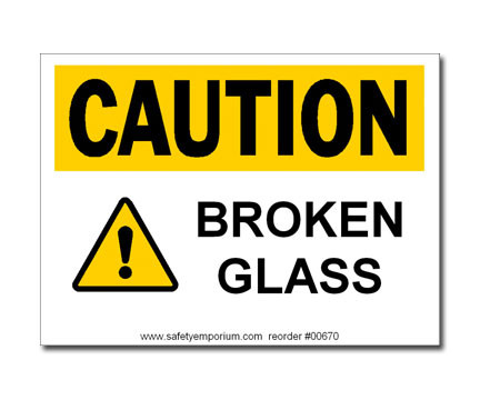 Caution Broken Glass Label w/ Icon - Safety Emporium