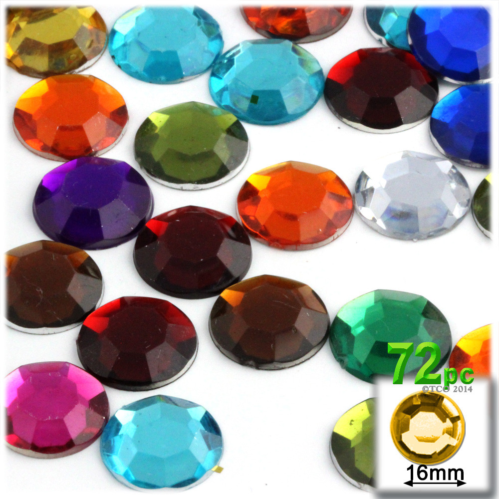 Rhinestones | Flatback | Round | 16mm | 72-pc | Jewel Tone Assortment ...